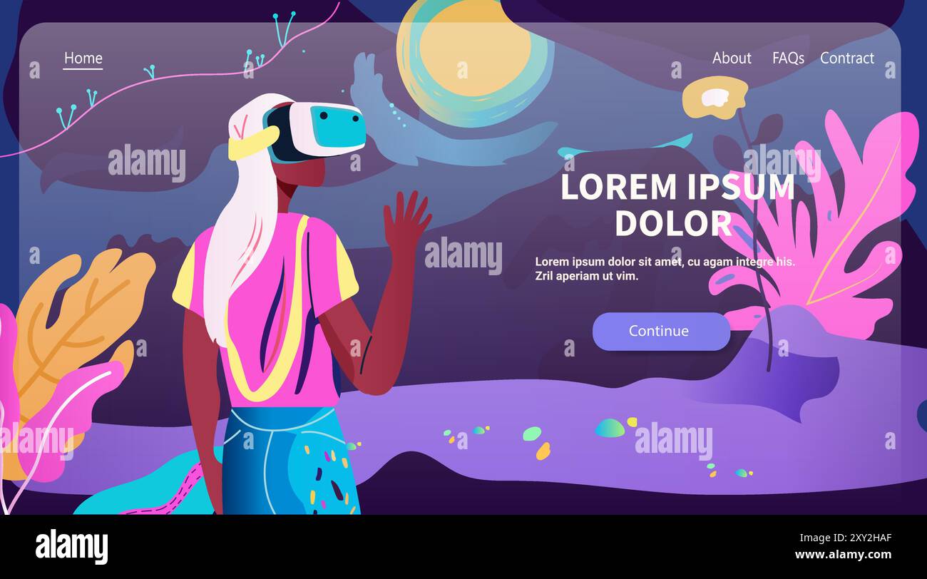 Woman in VR headset exploring abstract colorful landscape futuristic ...