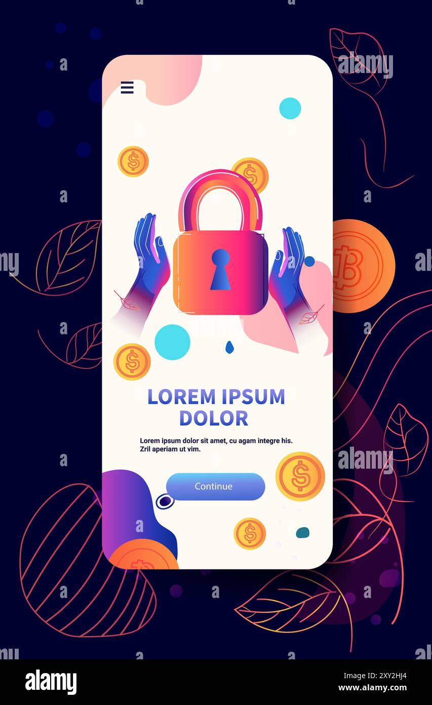 Secure payment concept featuring hands holding a padlock with floating ...
