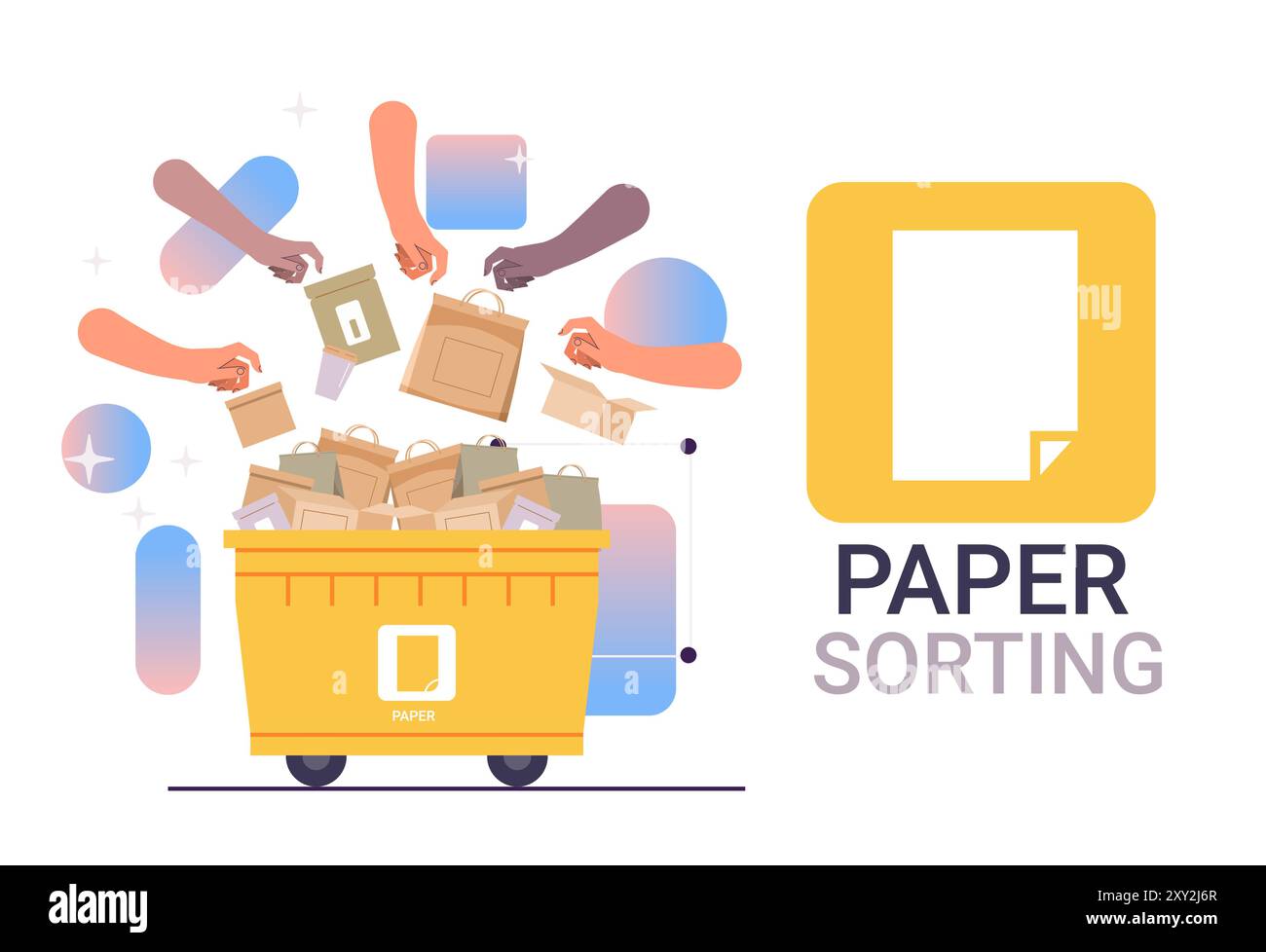 Paper sorting hands placing paper items into yellow bin with colorful ...