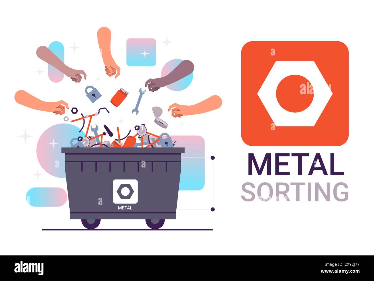 Metal sorting recycling concept illustration showing diverse hands ...