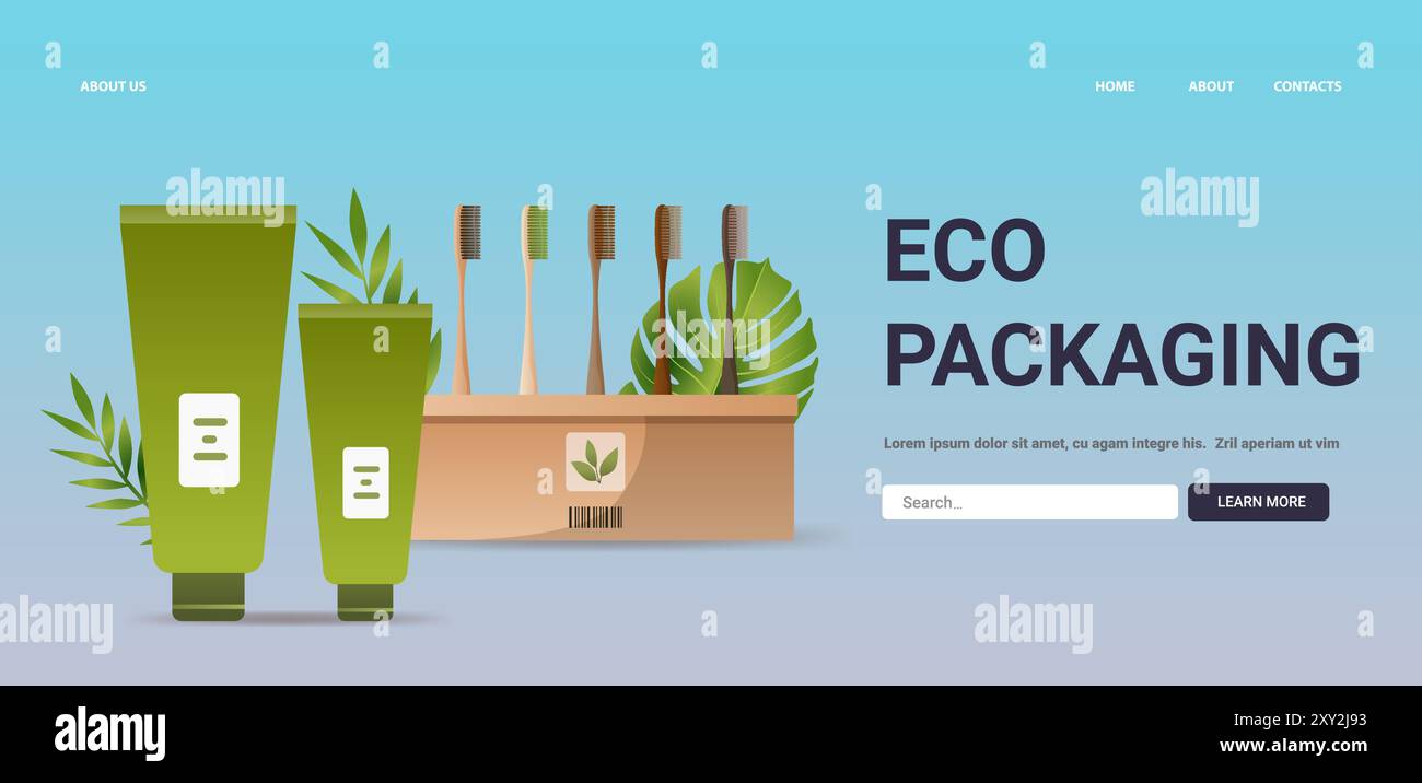 Eco packaging concept with green tubes and bamboo toothbrushes in a box ...