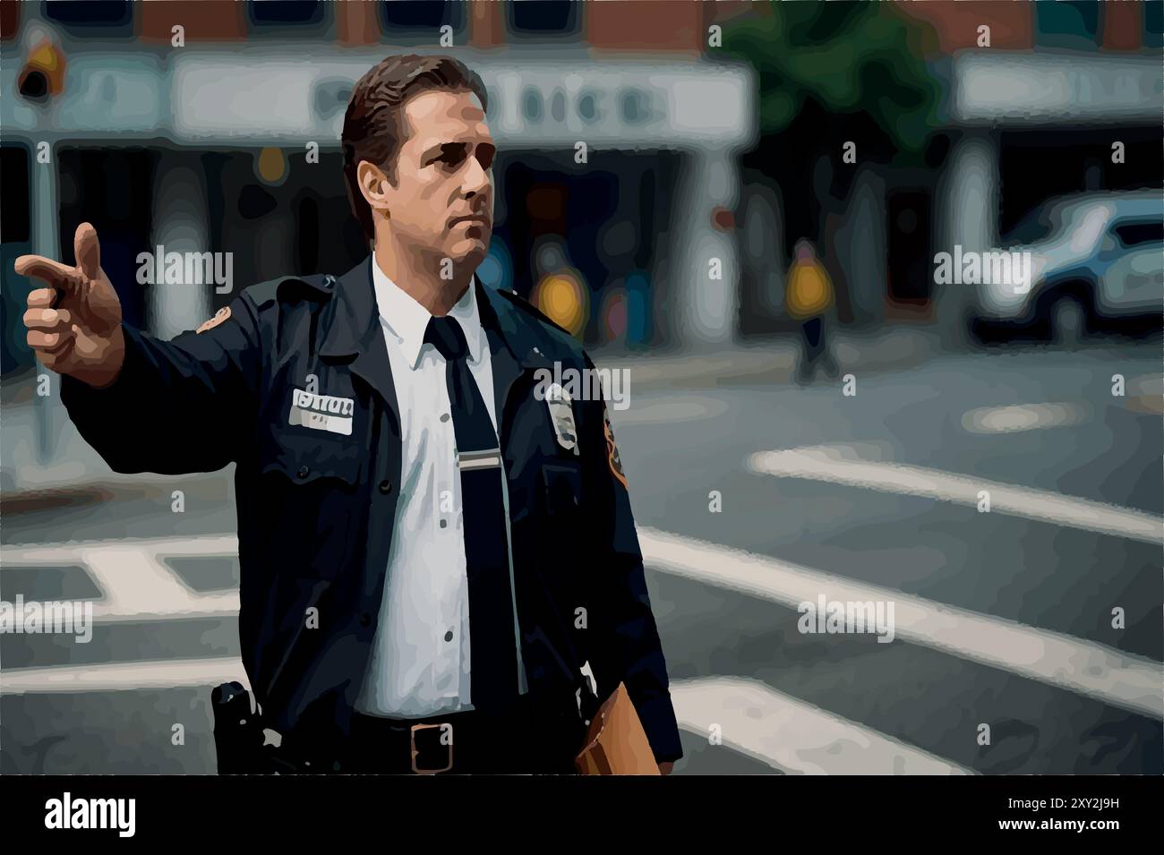a scene of a police officer directing traffic in a busy city ...