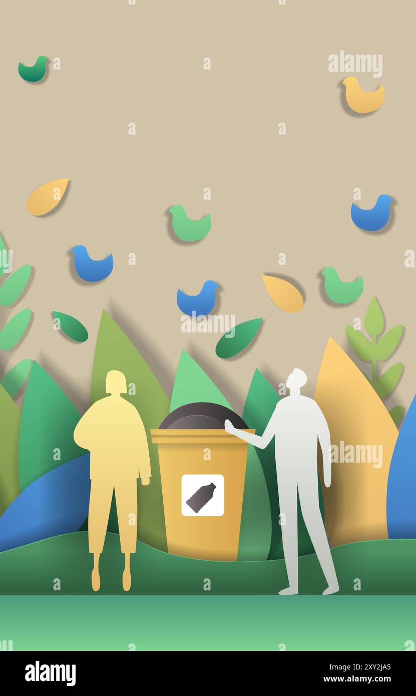 People recycling plastic waste in nature scene with birds leaves and ...