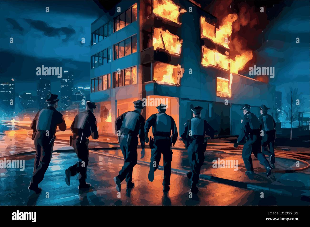 a dramatic night scene of police officers responding to an emergency ...