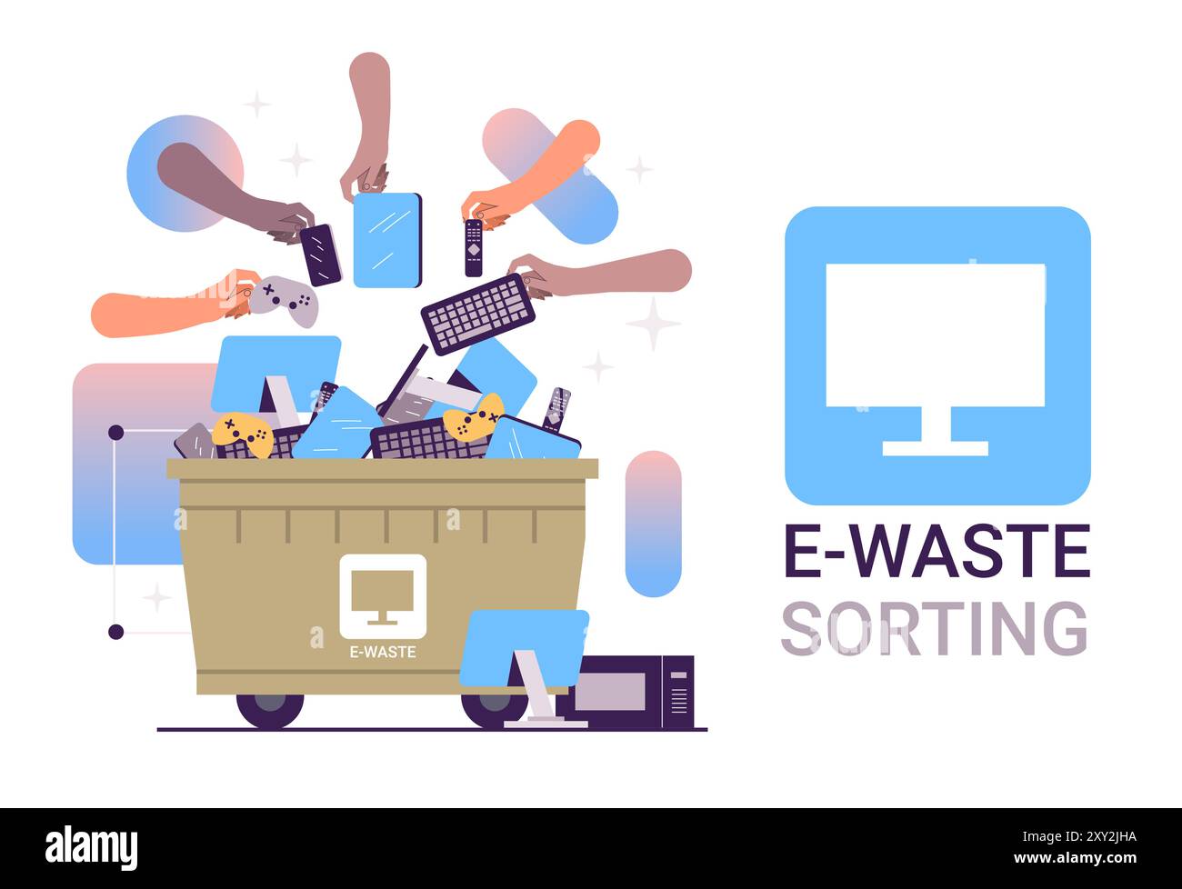 E-waste sorting concept hands placing electronic devices in bin ...