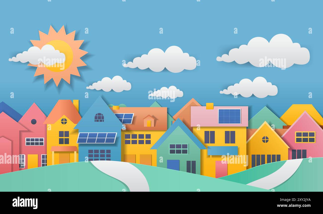 Colorful houses with solar panels sunny day paper cut style ...