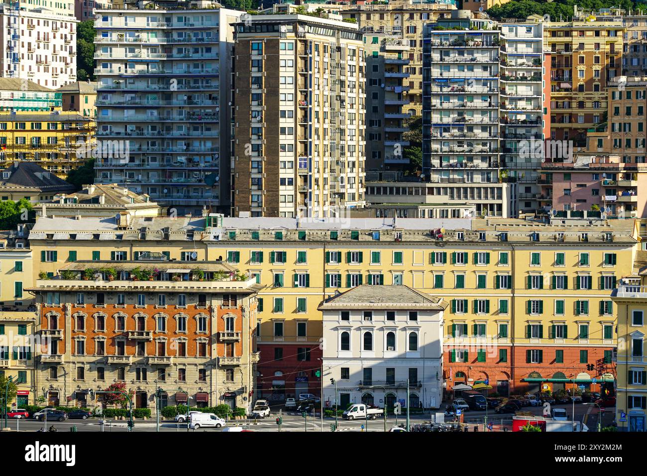 City skyline in afternoon sunlight, high-rise apartment buildings on ...