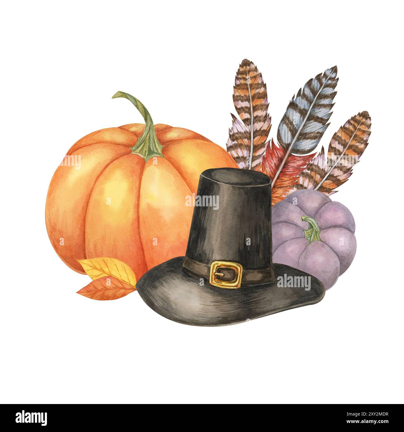 Classic black Pilgrim hat with a gold buckle, colorful turkey feathers ...