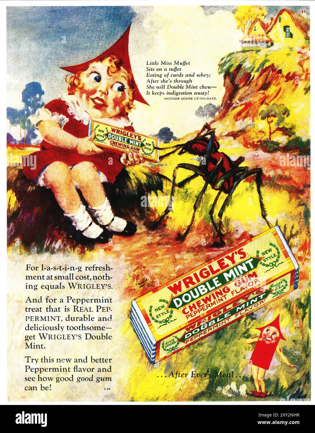 1928 WRIGLEY'S CHEWING GUM AD- MOTHER GOOSE NURSERY RHYME MISS MUFFET ...