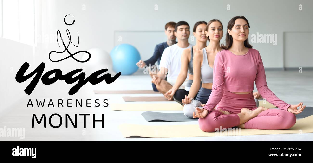 Group of sporty people meditating in gym. Banner for Yoga Awareness ...