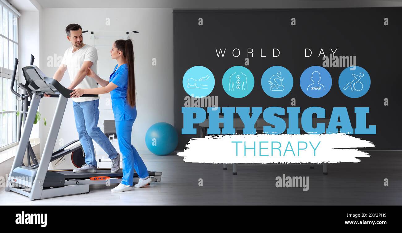 Female physiotherapist working with young man in rehabilitation center ...