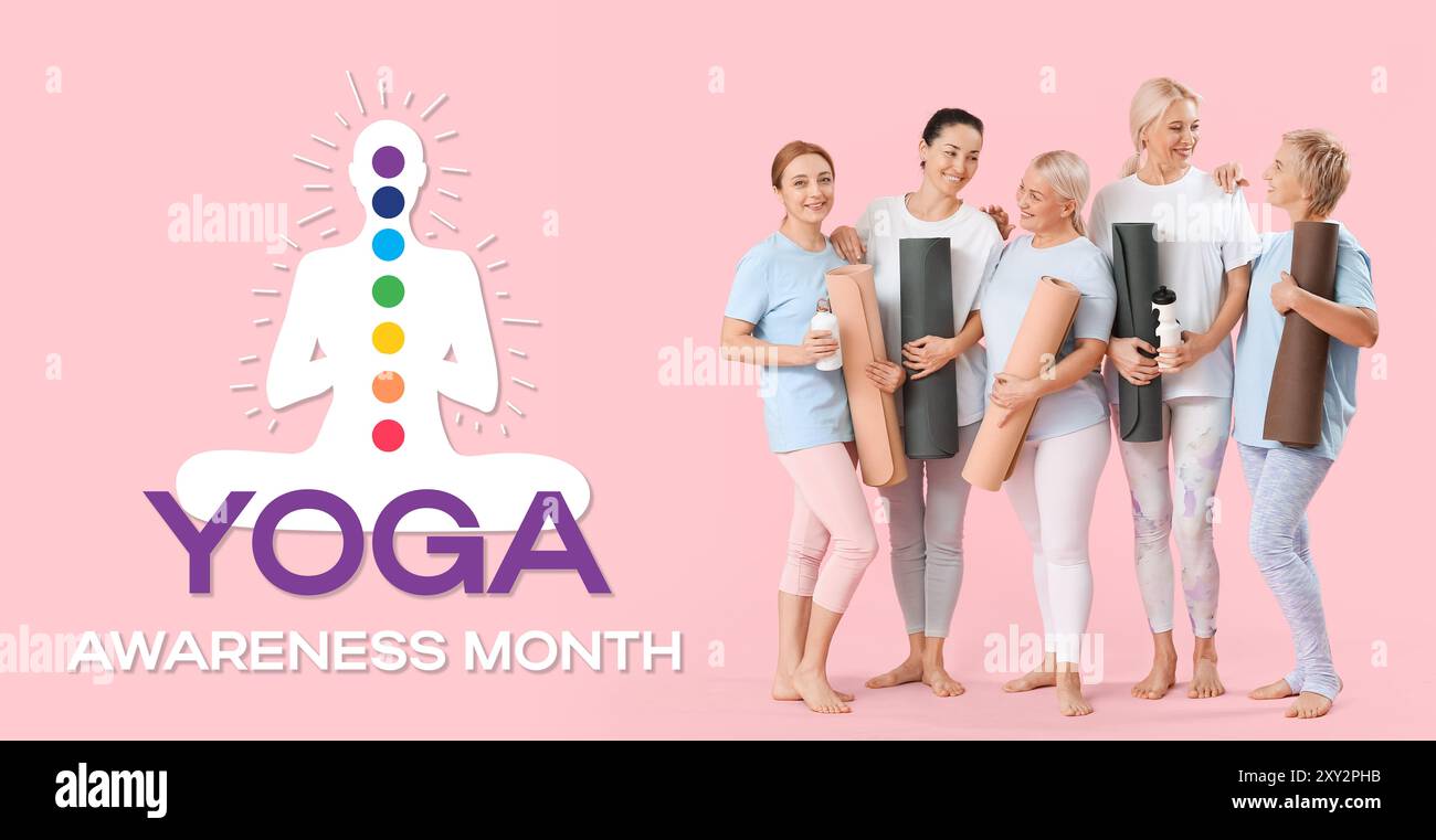 Banner for Yoga Awareness Month with group of women on pink background ...