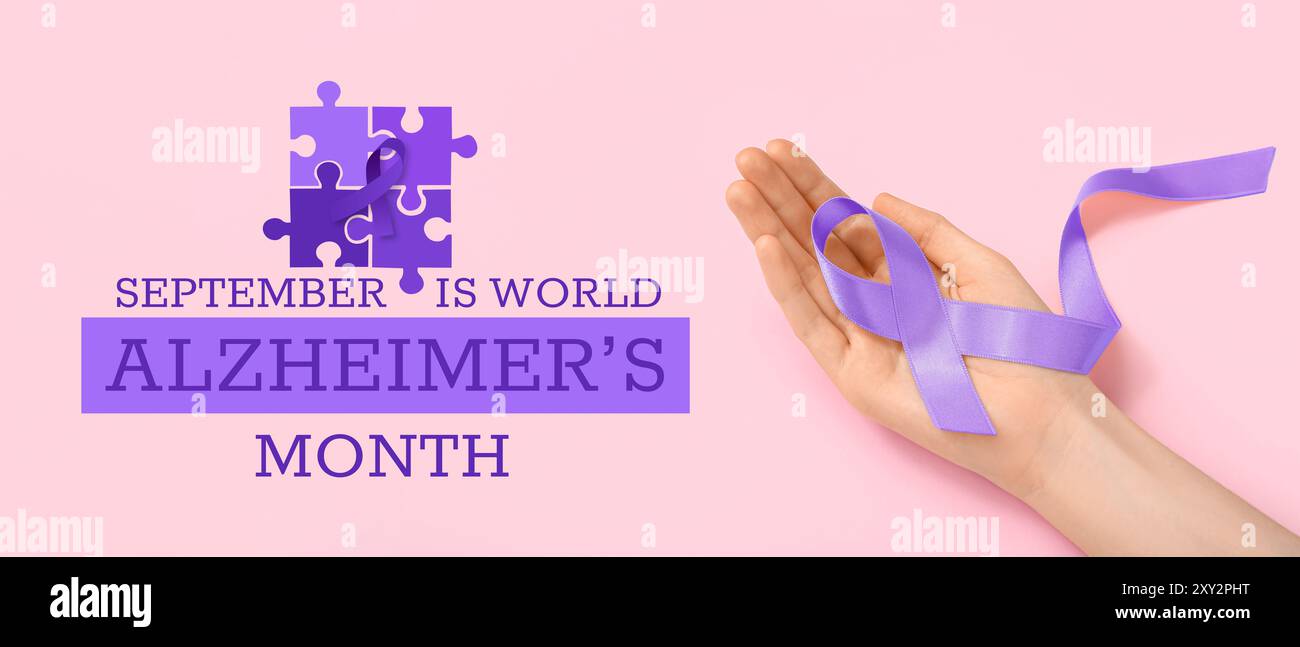 Hand with purple ribbon on pink background. Banner for World Alzheimer ...
