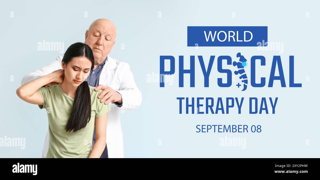 Senior physiotherapist working with young Asian woman on light ...