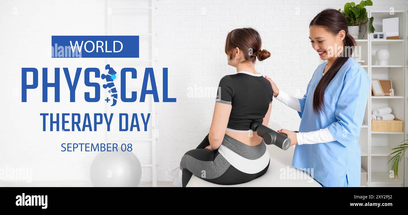 Asian physiotherapist massaging young woman's back in rehabilitation ...