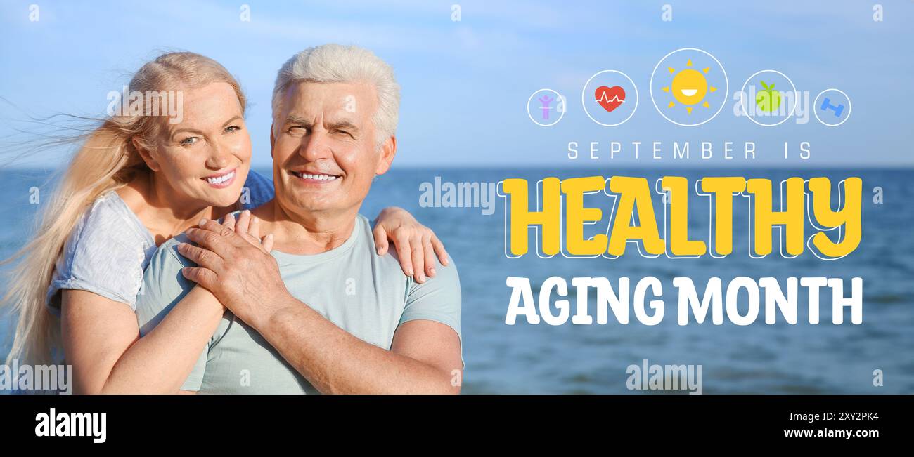 Banner for Healthy Aging Month with mature couple at sea resort Stock ...