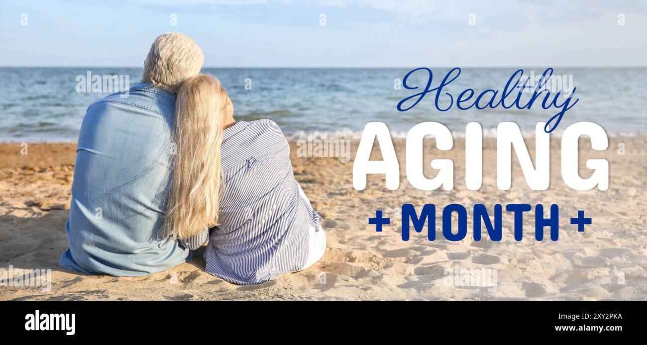 Banner for Healthy Aging Month with mature couple at sea resort Stock ...