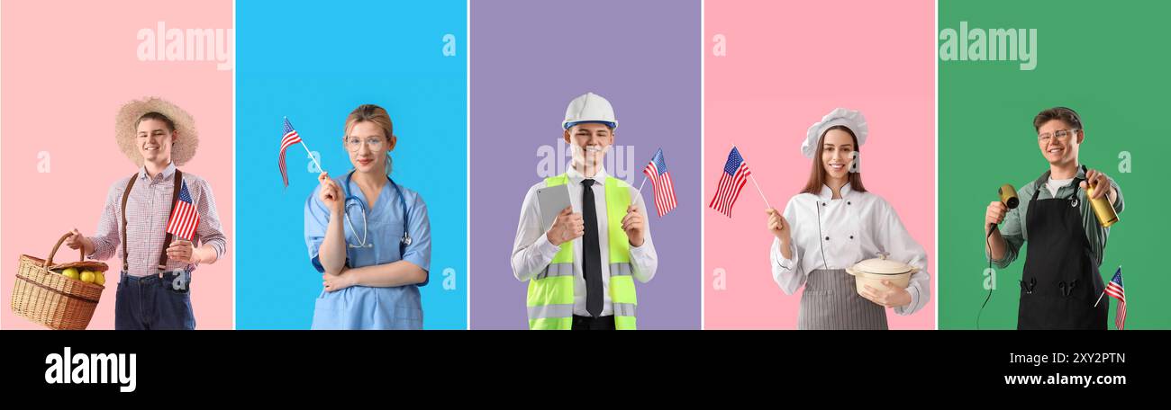 Set of young people in uniforms of different professions and with USA ...