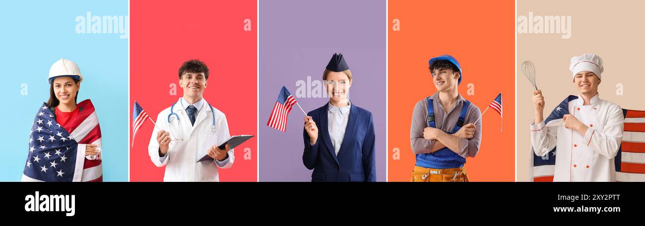 Group of young people in uniforms of different professions and with USA ...