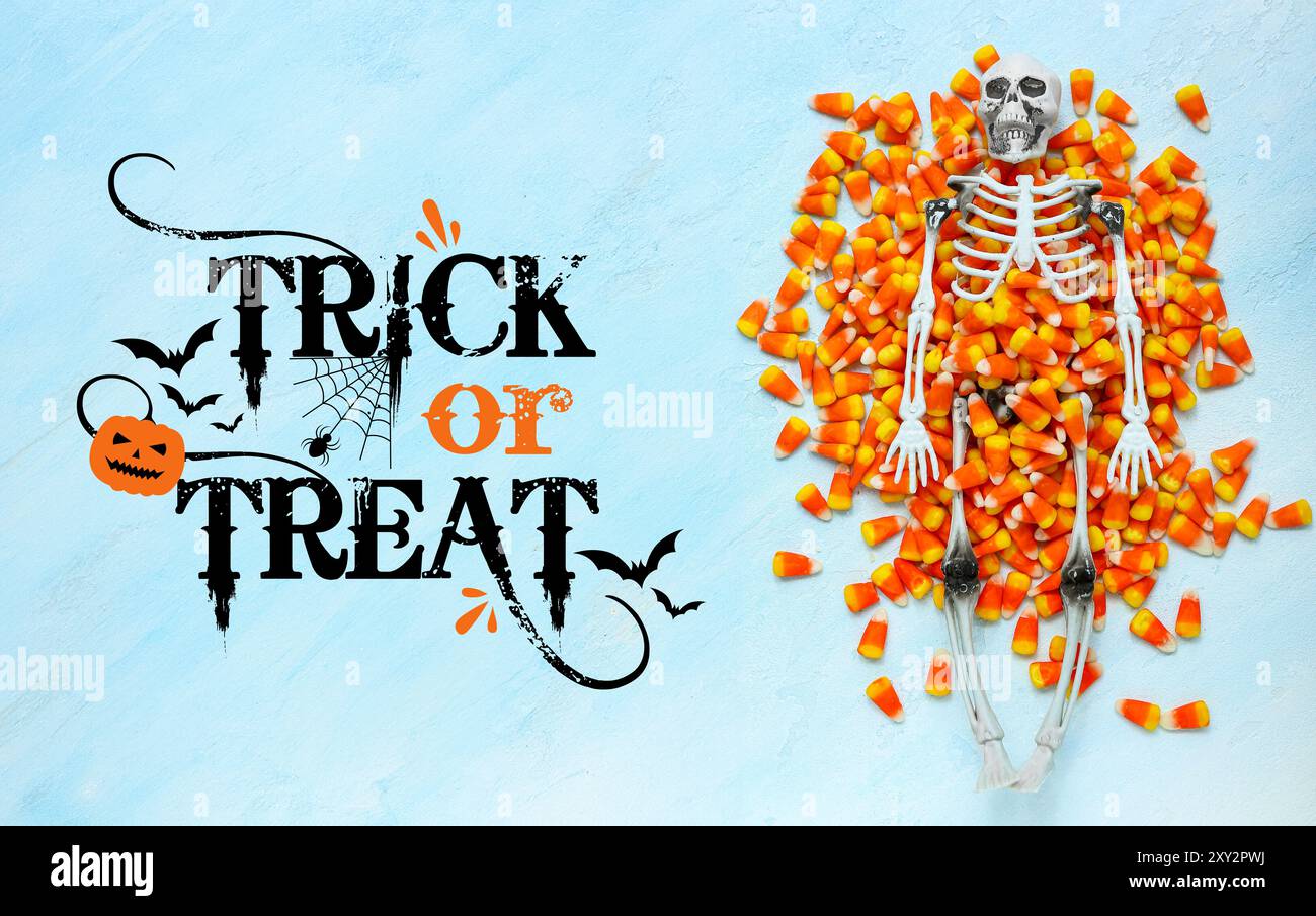 Banner for Halloween with skeleton and corn candies on light blue ...