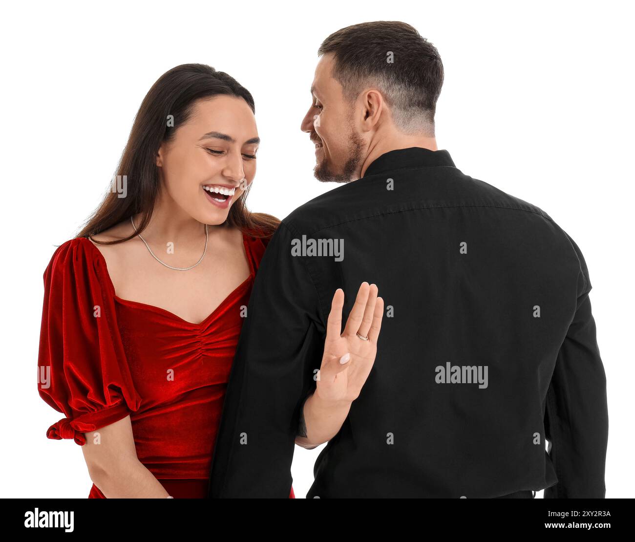 Happy engaged couple on white background Stock Photo - Alamy