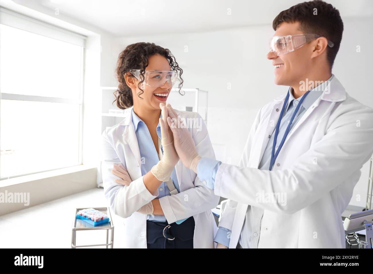 Young chemists giving each other high-five in laboratory Stock Photo ...