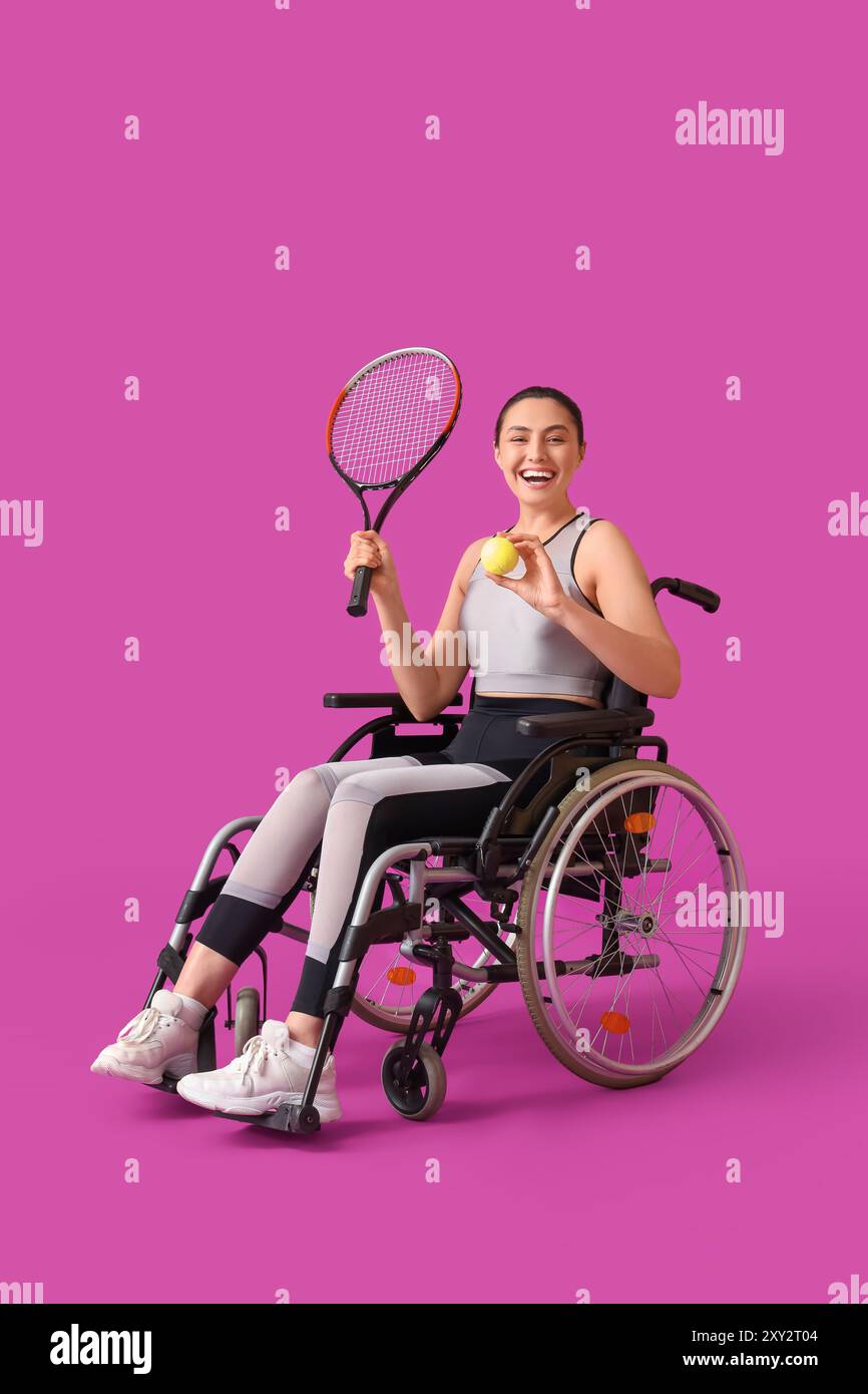 Female tennis player in wheelchair with racket and ball on purple ...