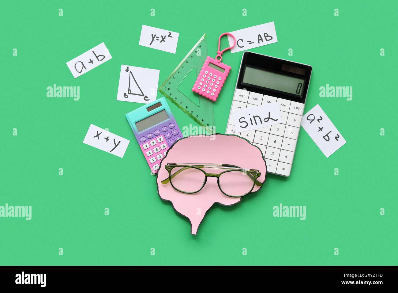 Paper brains with eyeglasses, math formulas and equations, calculators ...