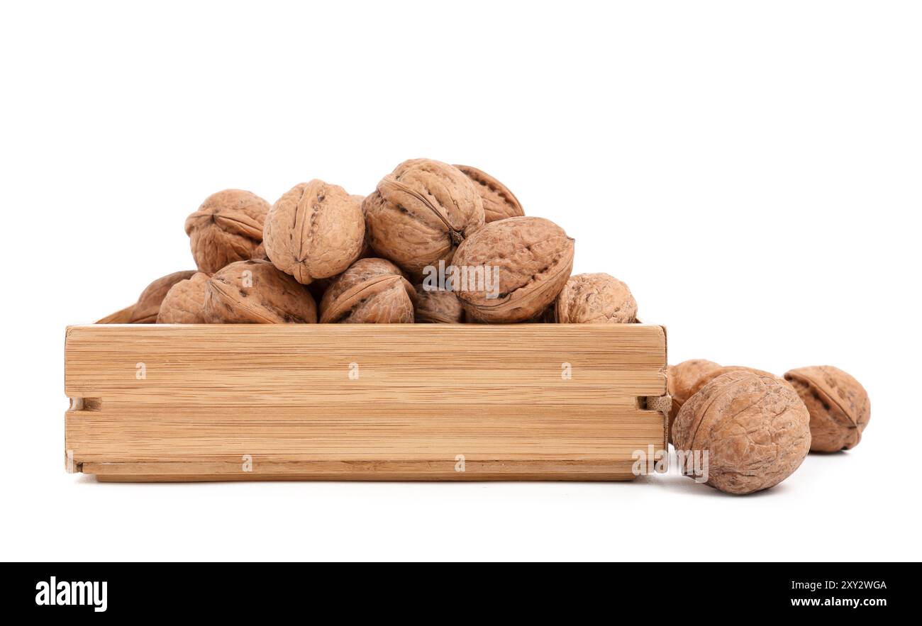 Wooden box with tasty walnuts on white background Stock Photo - Alamy