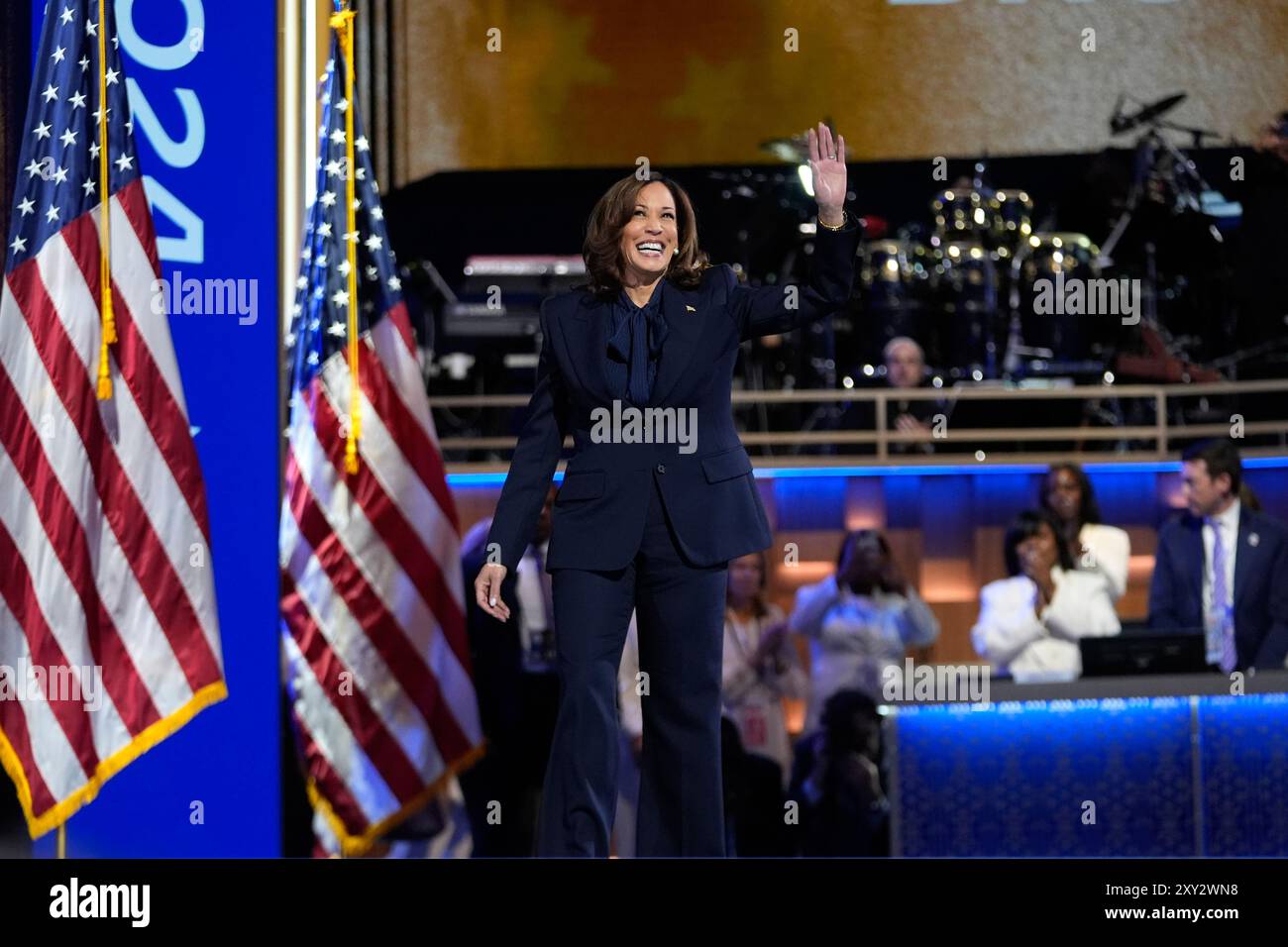 Democratic presidential nominee Vice President Kamala Harris waves at ...