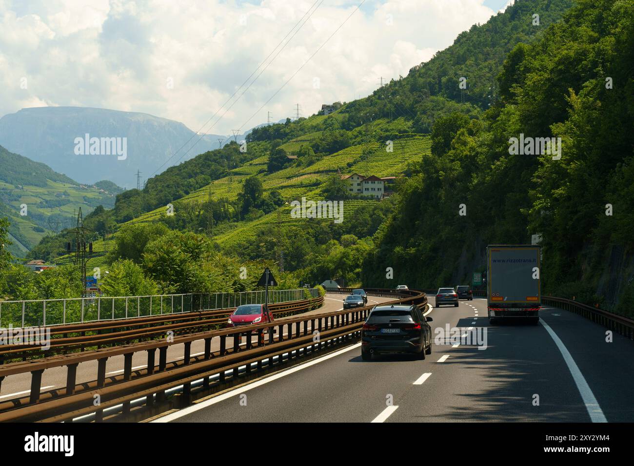 Bolzano, Italy - June 8, 2023: Vehicles travel along a highway ...