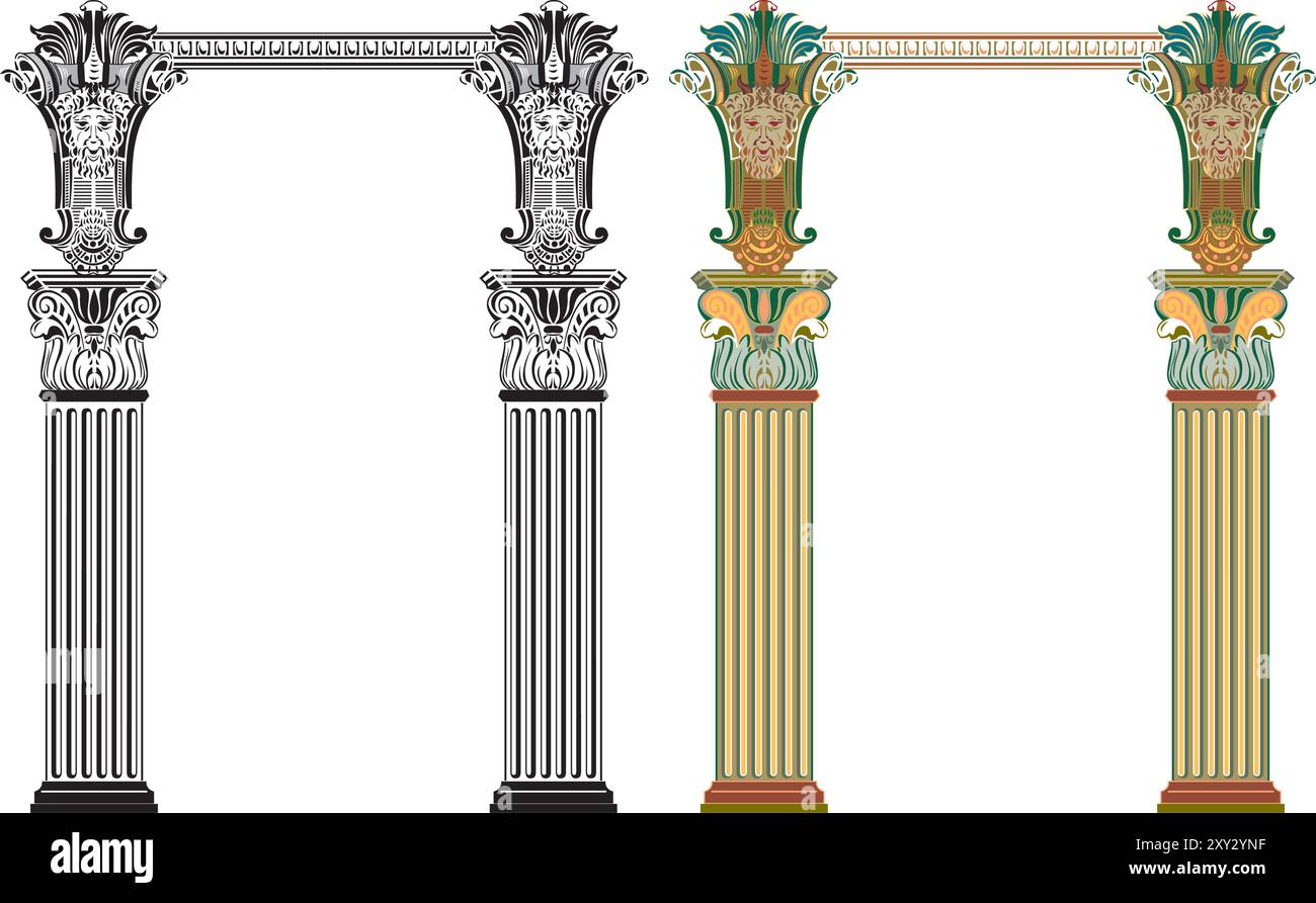 Vintage antique ionic column frames ornamental design on white ...