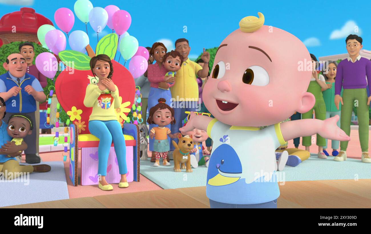 COCOMELON LANE, seated at left: Miss Appleberry (voice: Larissa Dias ...