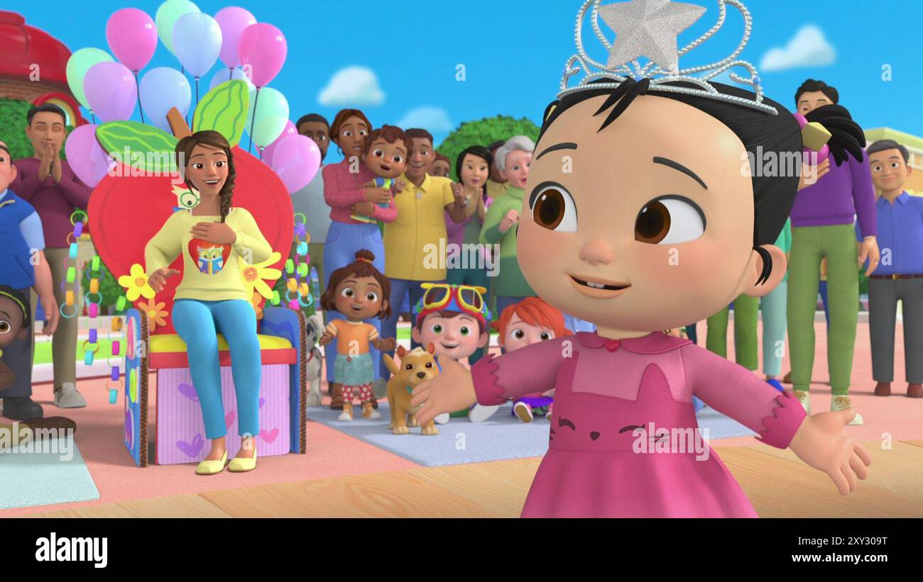 COCOMELON LANE, seated at left: Miss Appleberry (voice: Larissa Dias ...