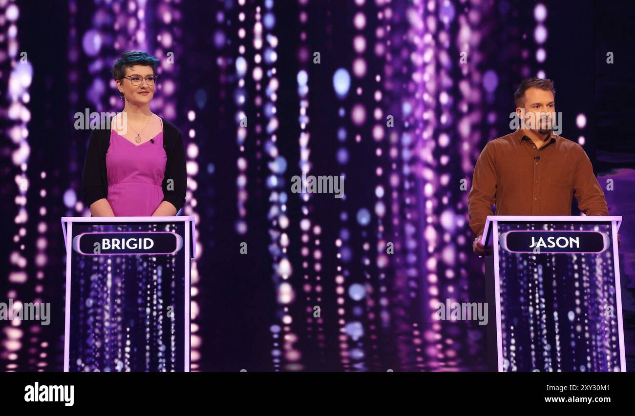 NAME THAT TUNE, from left: contestants Brigid and Jason, Apple for the ...