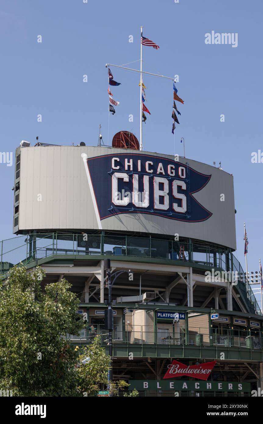 Chicago - August 22, 2024: Chicago Cubs center field marquee on the northeast corner of Wrigley ...