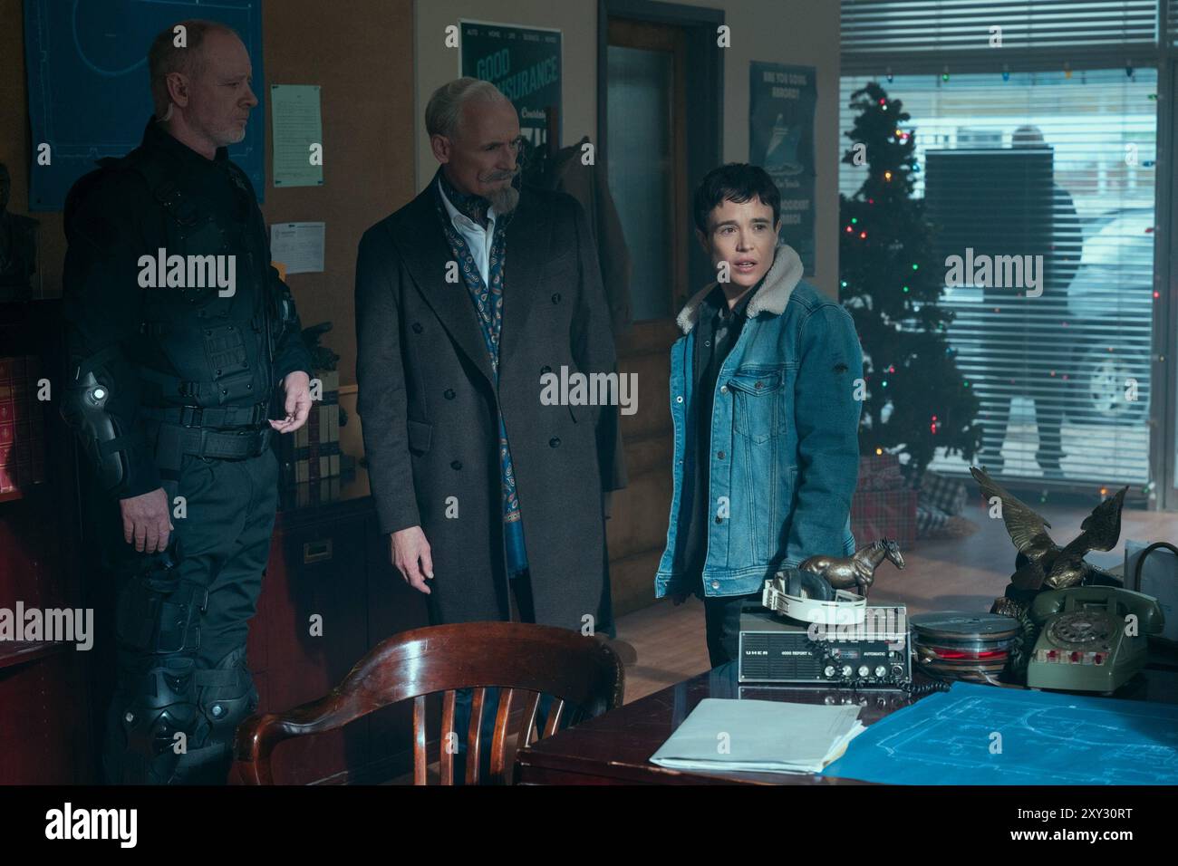 THE UMBRELLA ACADEMY, from left: Aidan Devine, Colm Feore, Elliot Page ...