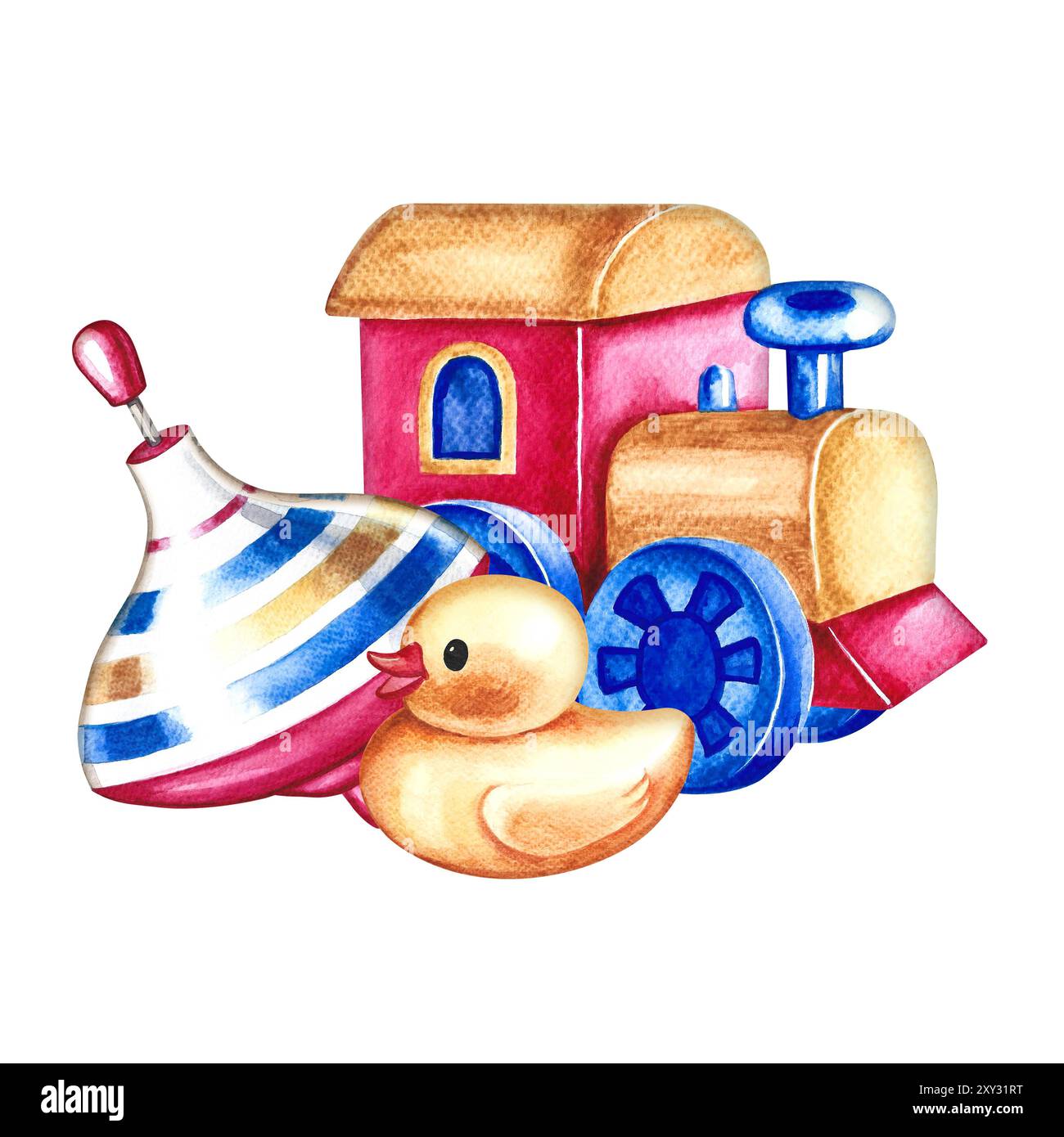 Children's toys - a spinning top, a steam train, a yellow duck ...