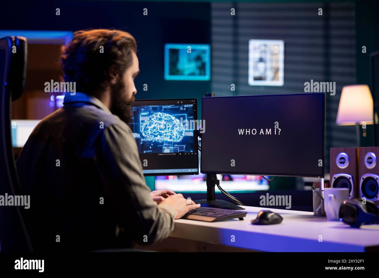 Man at home witnessing AI becoming sentient, talking with him, asking ...
