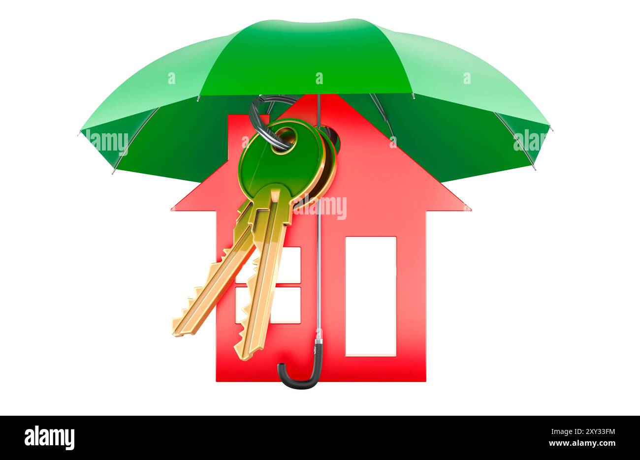 Home key with keychain under umbrella, 3D rendering isolated on white ...