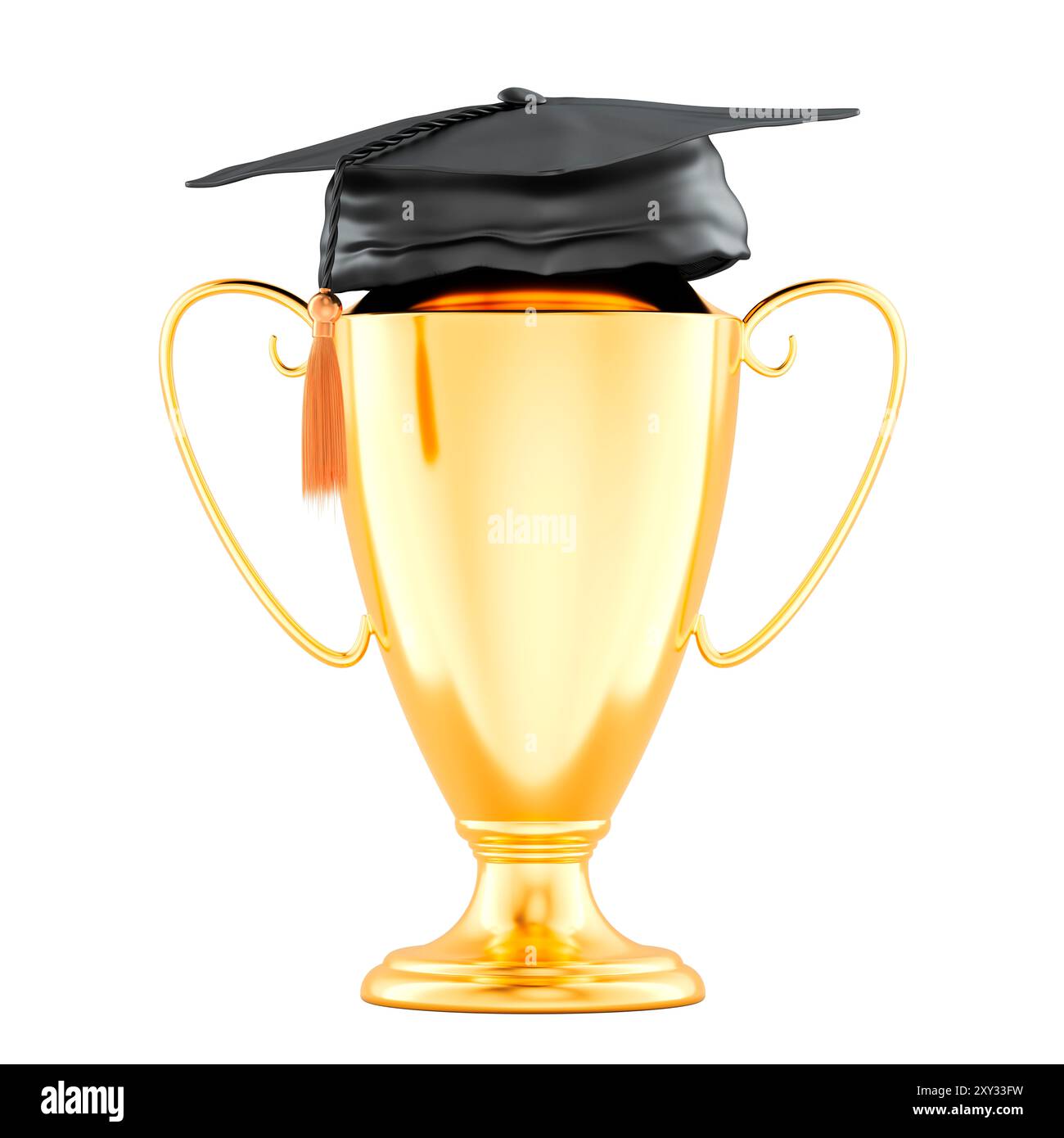 Gold trophy cup award with graduation cap, 3D rendering isolated on ...