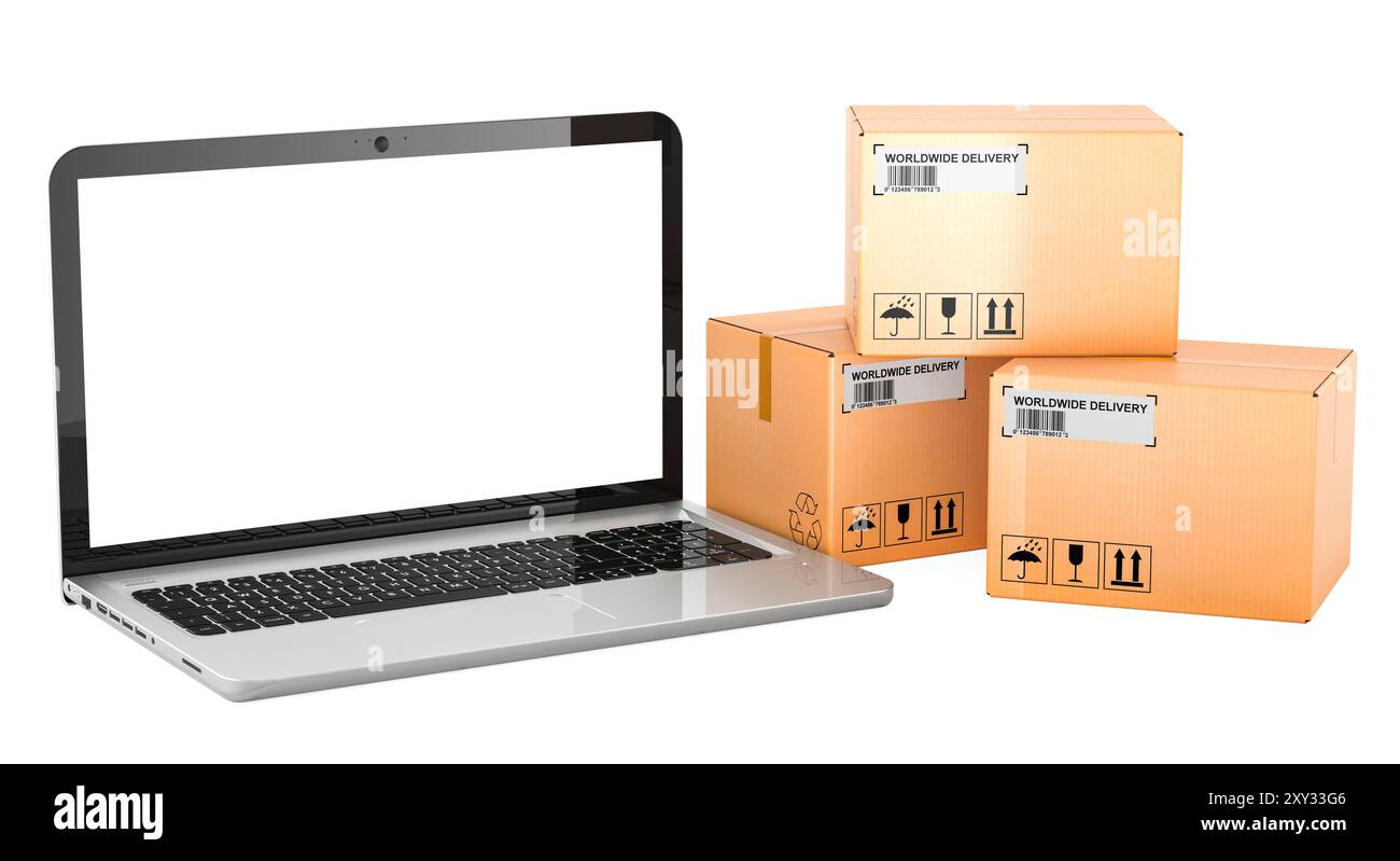 Laptop computer with parcels, 3D rendering isolated on white background ...
