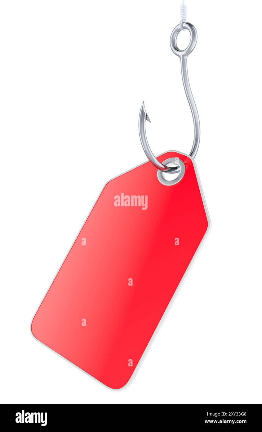Red Sale Tag on the fishing hook, 3D rendering isolated on white ...