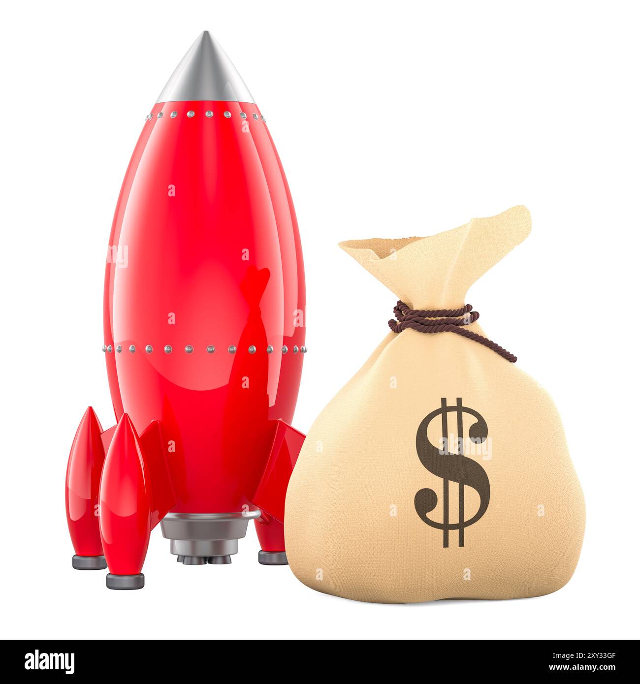 Rocket and money bag with dollars, 3D rendering isolated on white ...
