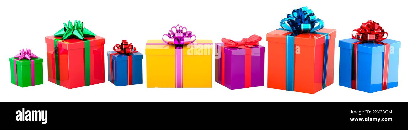 Row from Gift Boxes with colored bows and ribbons, 3D rendering ...