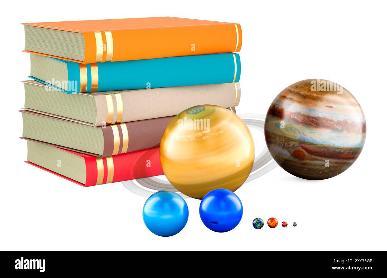 Textbooks with Planets of Solar system and satellites. 3D rendering ...