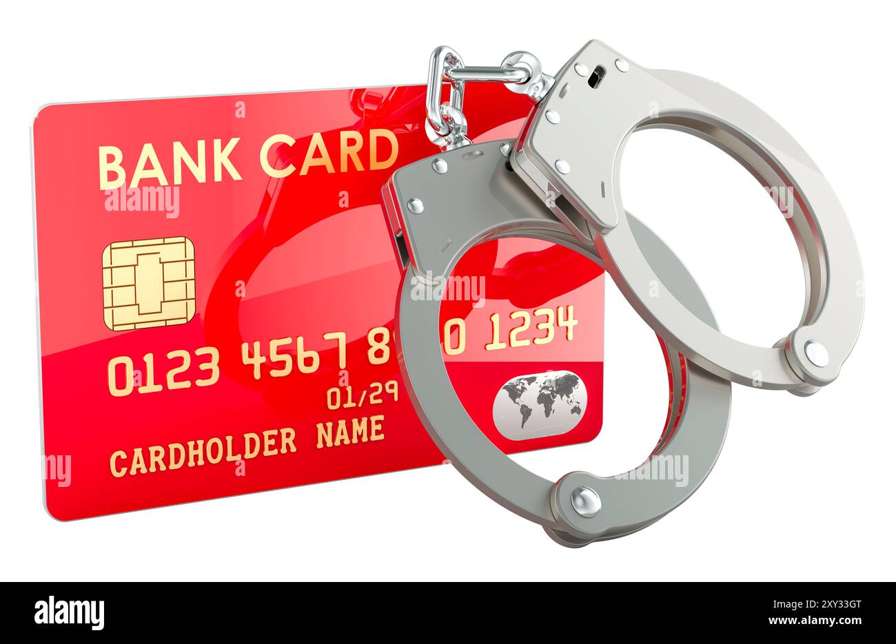 Handcuffs with credit bank card, 3D rendering isolated on white ...