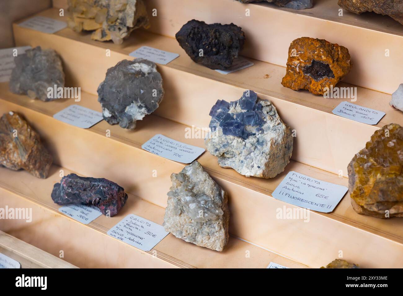 Minerals with descriptions in Spanish language in souvenir shop Stock ...