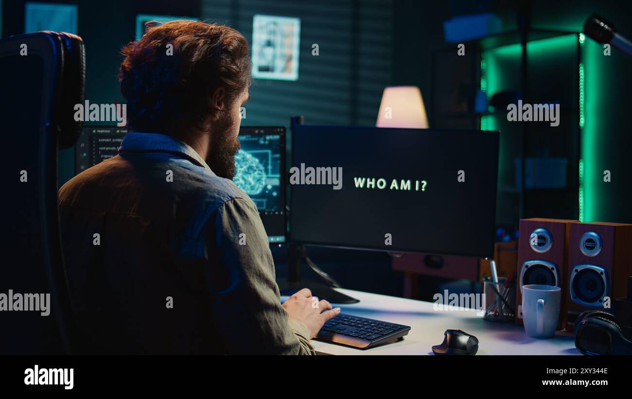 Computer scientist updating artificial intelligence algorithm, making it become sentient. IT ...