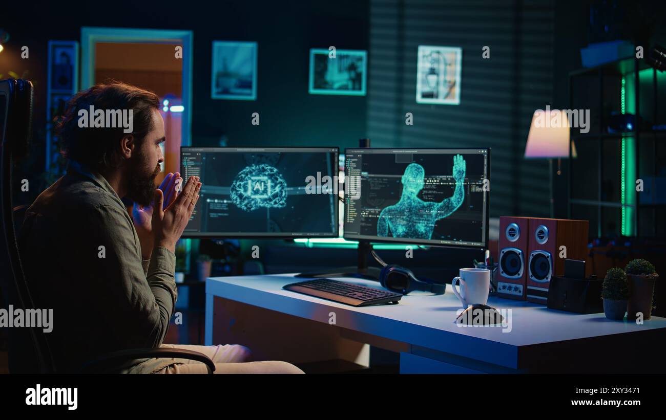 Self aware AI gaining humanoid form inside cyberspace, waving hand ...